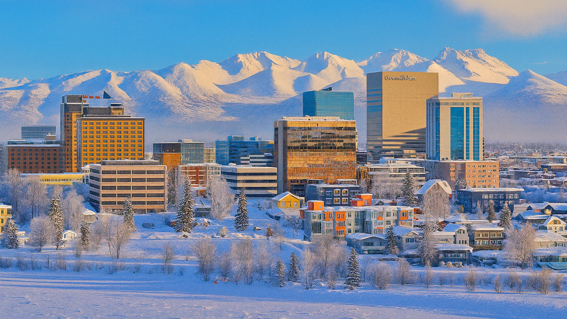 Anchorage city in the heart of Alaska’s winter wilderness