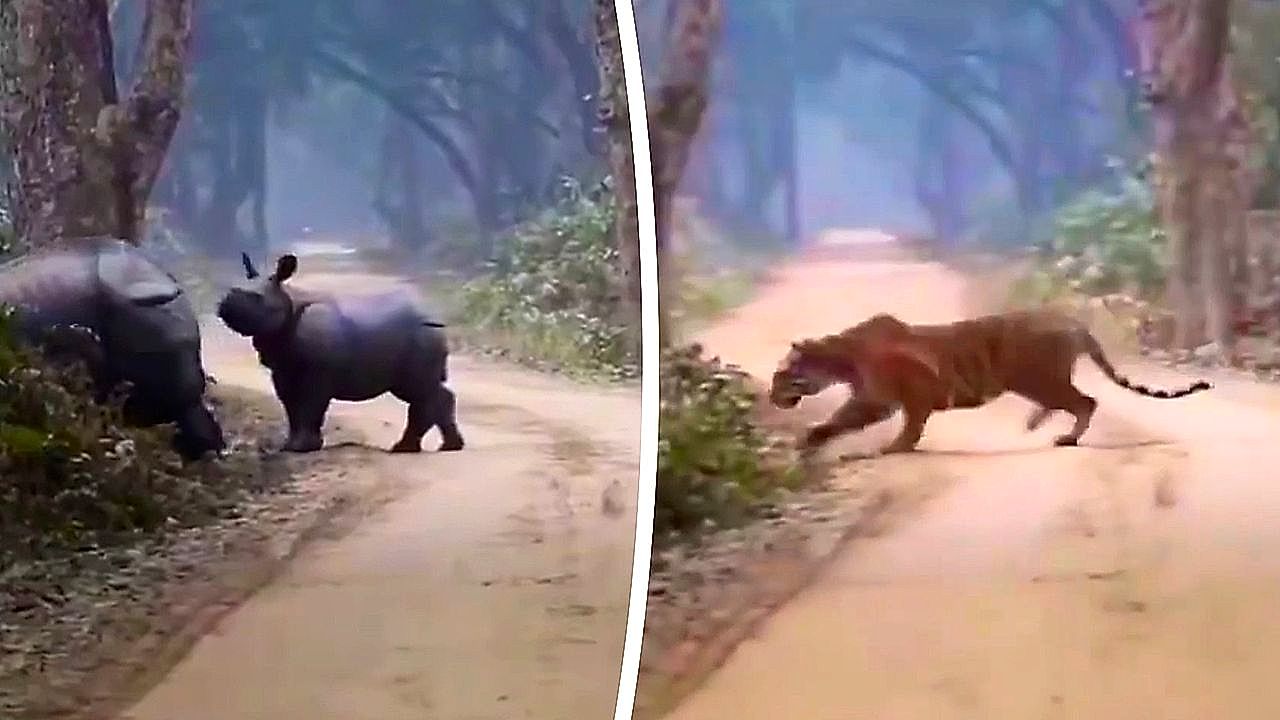 Moederneushoorn chargeert tijger om haar kalf te redden in zeldzame ...