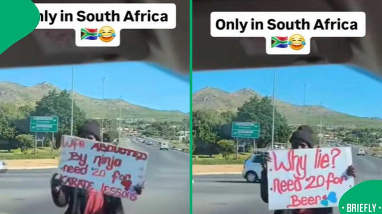 South Africans were amused after a street beggar used a humorous sign ...