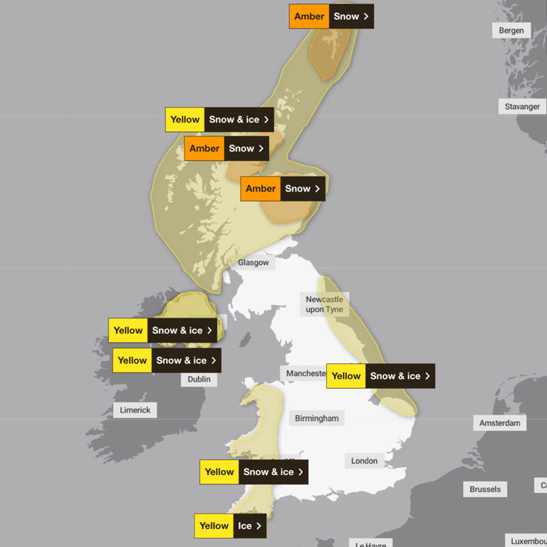 Met Office maps show snow and ice warnings across swathes of UK