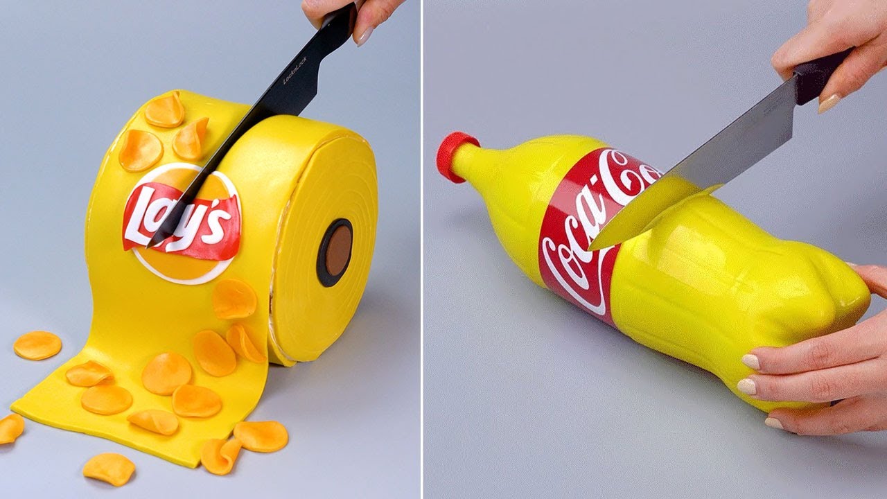 Lay’s roll cake and Coca Cola bottle cake cut