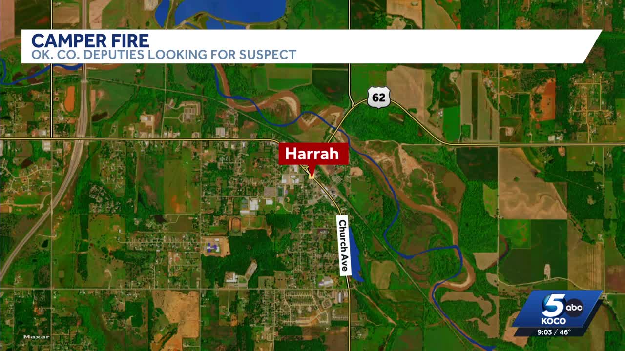Suspect on the run after setting camper on fire in Harrah
