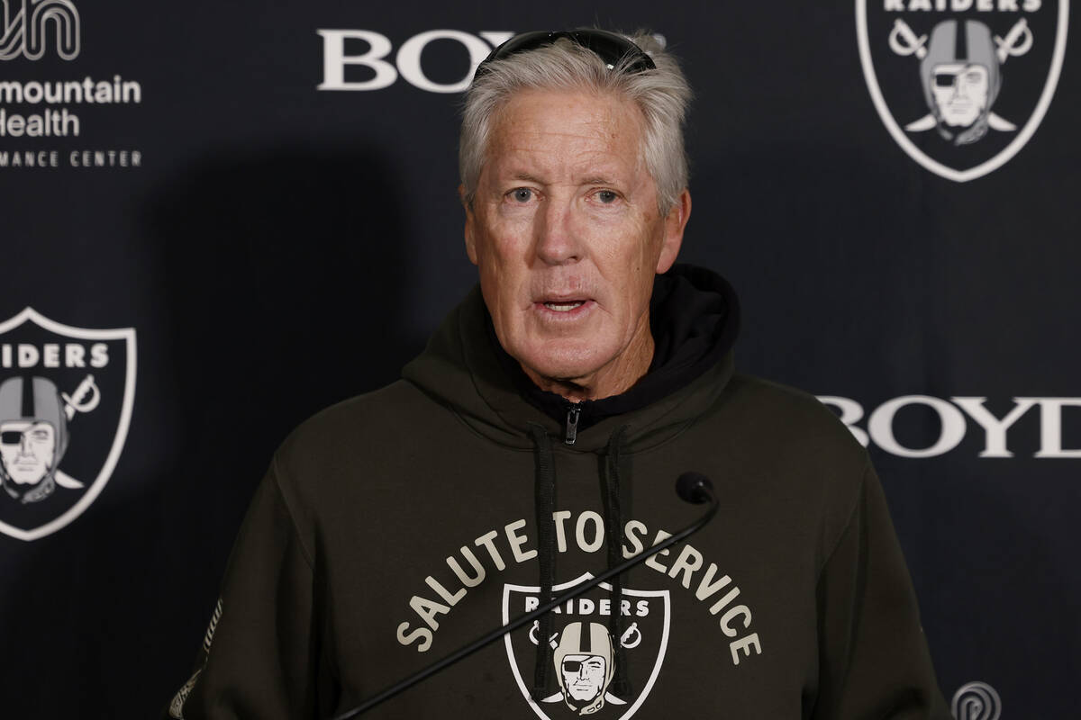 Raiders coach Pete Carroll addresses media following practice