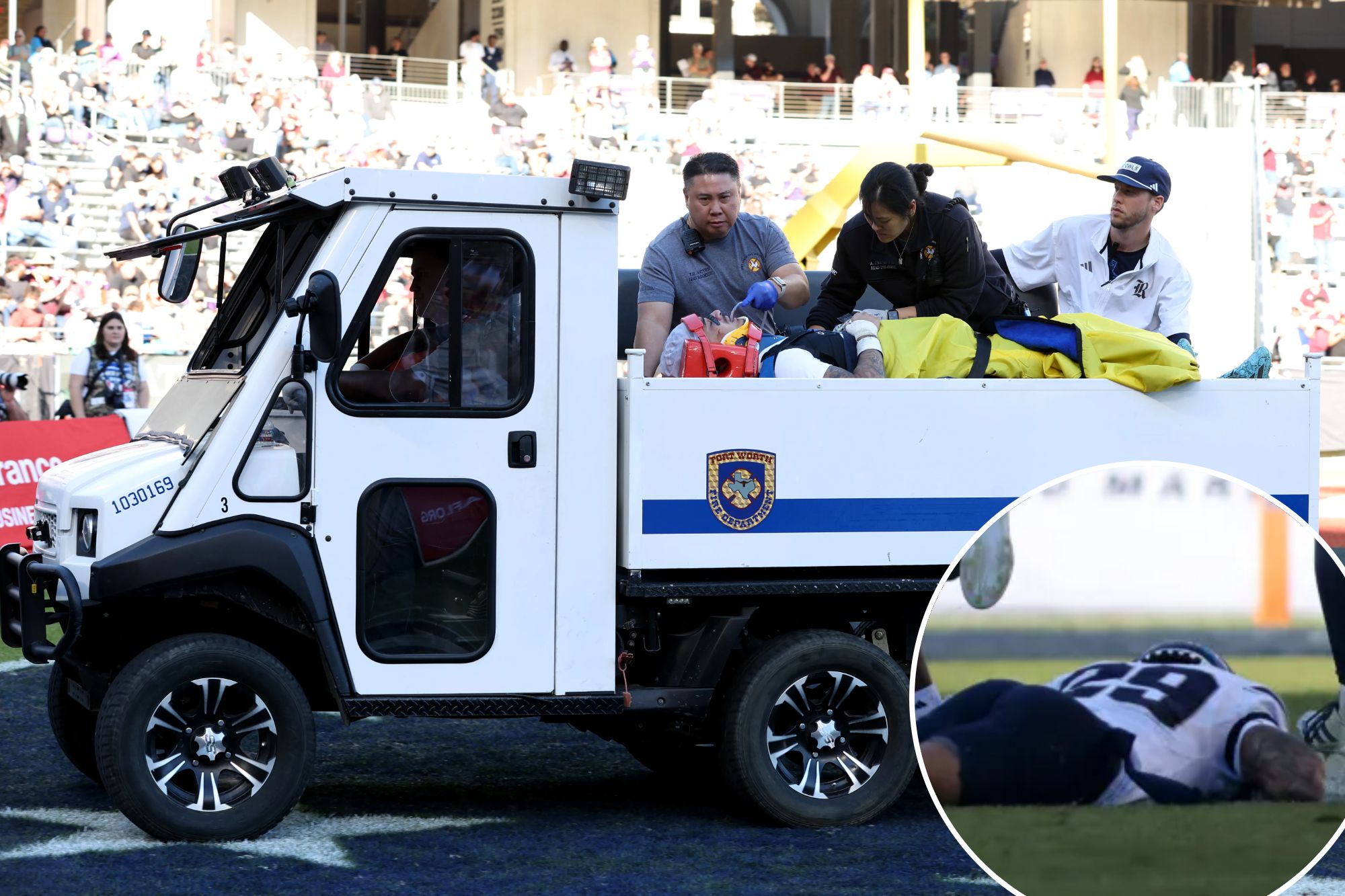 Rice safety Daveon Hook carted off field in scary scene at Armed Forces ...