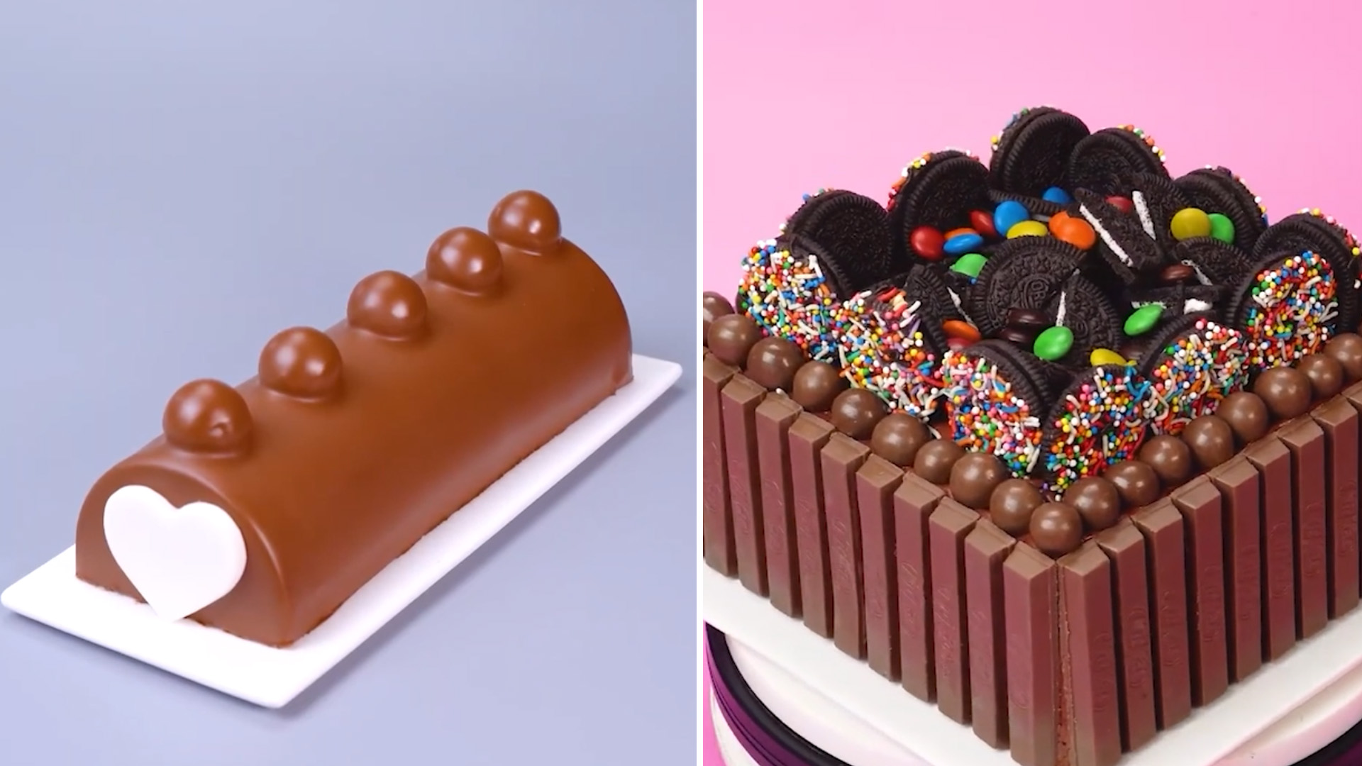 Minimal chocolate log cake vs candy topped chocolate cake