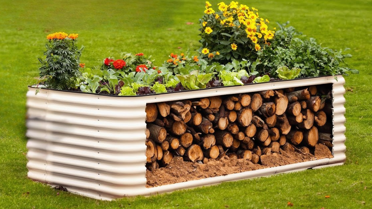 Raised flower bed with logs