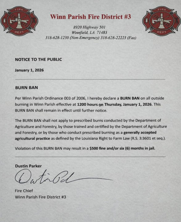 Winn Parish authorities issue burn ban effective immediately