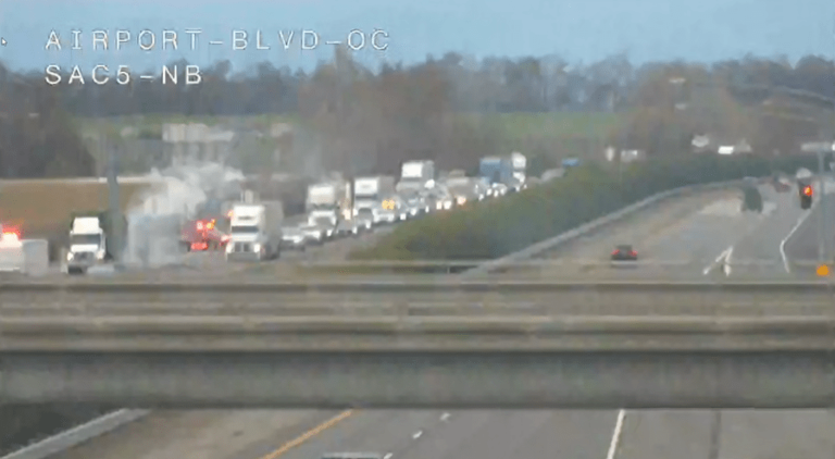 Flames engulf semi truck on I-5 near Sacramento airport amid heavy ...