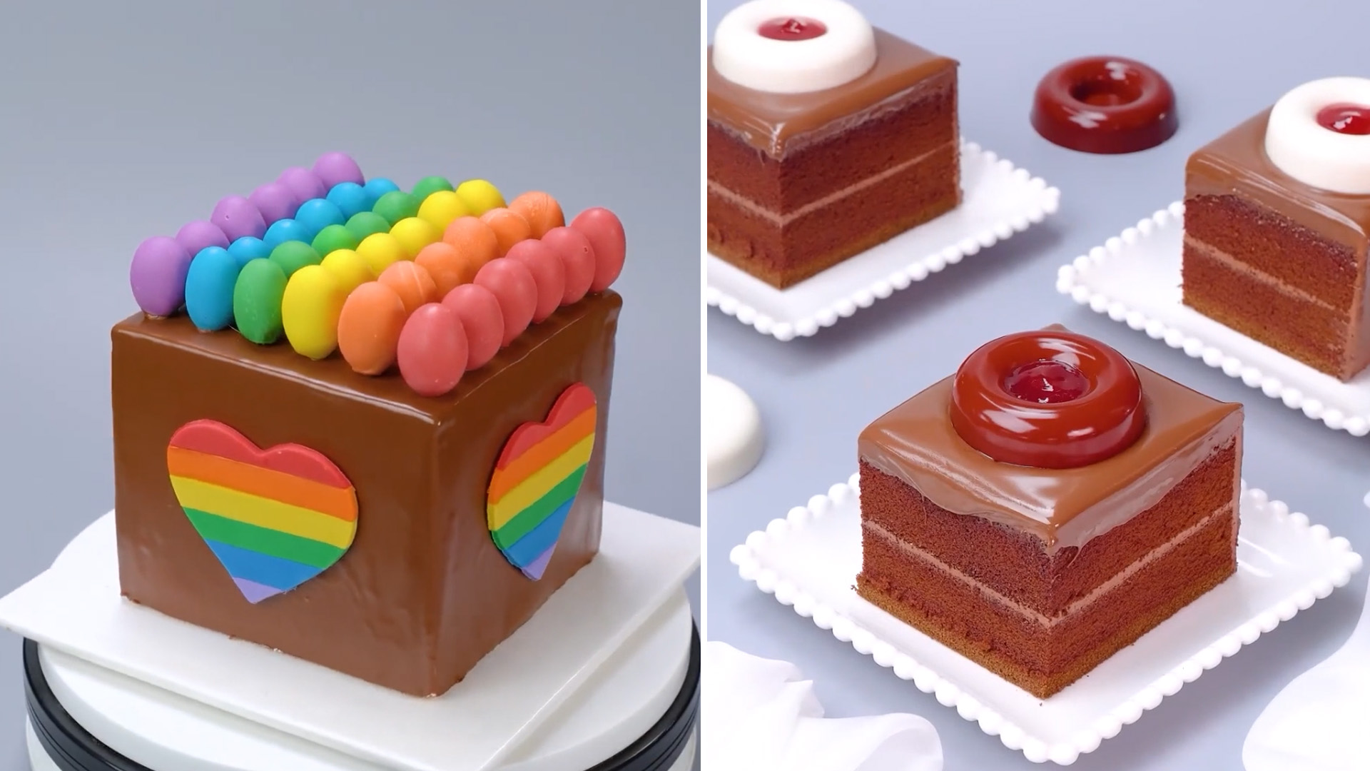 Colorful chocolate cube cake and mini layer desserts