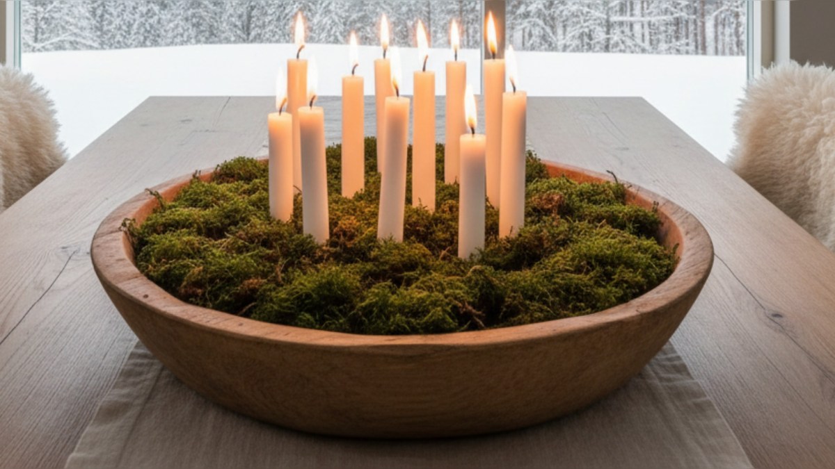 Holzschale mit Kerzen-Mooslandschaft: So gestaltest du die gemütliche Deko