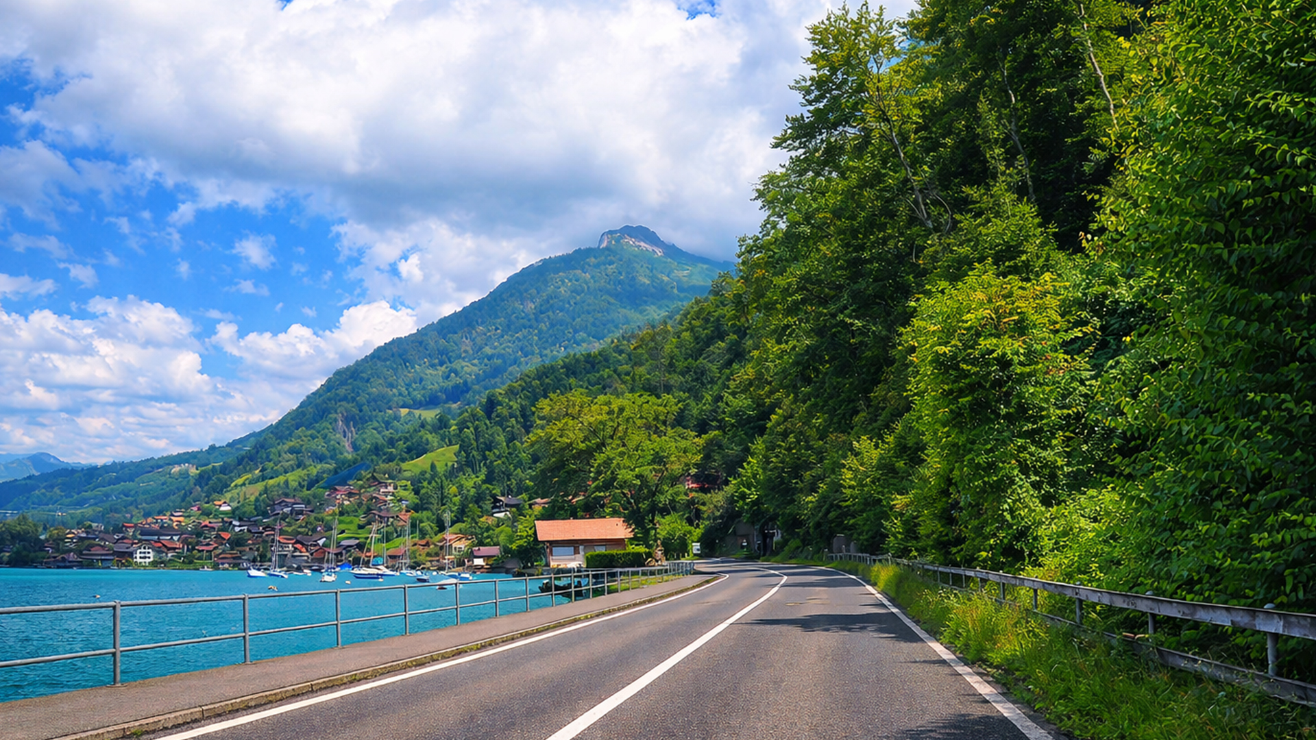 Driving from Interlaken to Thun along Lake Thun (4K)
