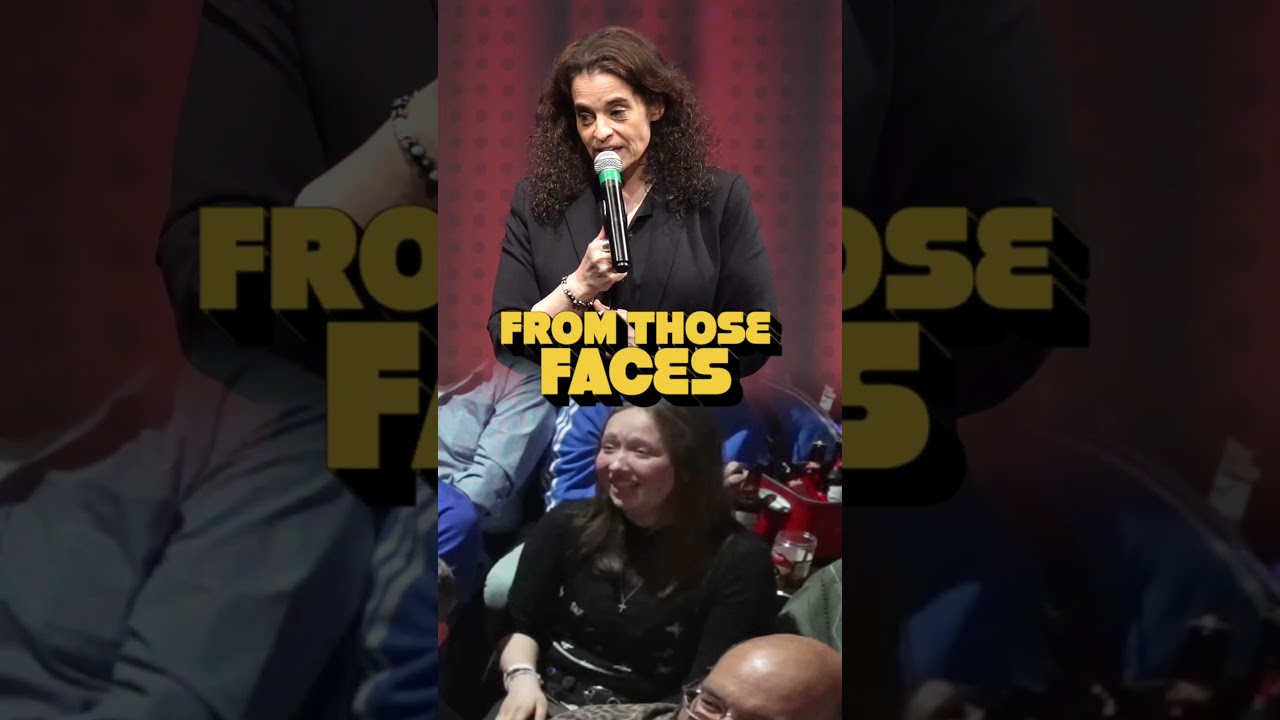 Watch a comedian make the crowd laugh at her language struggles