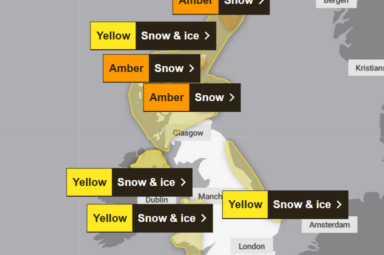 Met Office warning maps show rare amber alerts for snow and ice as UK ...