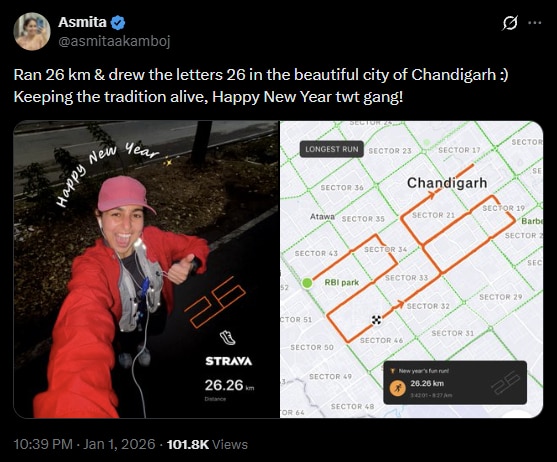 Chandigarh woman turns her New Year run into '26' shaped art on city map