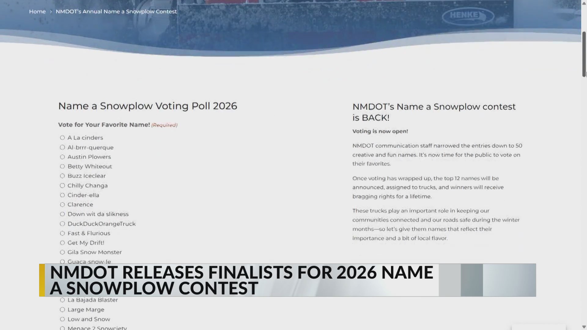 NMDOT releases names for public to vote on for Name a Snow Plow contest
