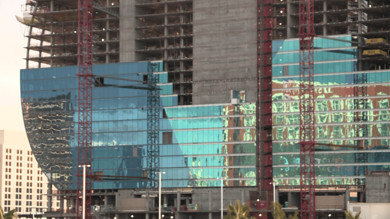 Hard Rock’s guitar-shaped hotel tower rising on the Las Vegas Strip
