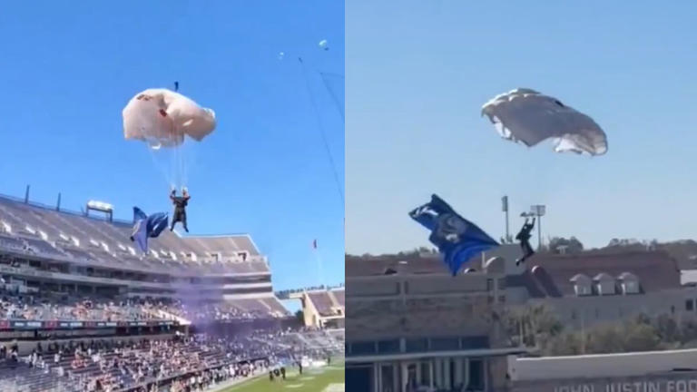 Parachutist gets caught in goalpost net ahead of Armed Forces Bowl game ...