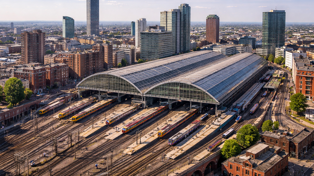Trains converging at Manchester Piccadilly from above