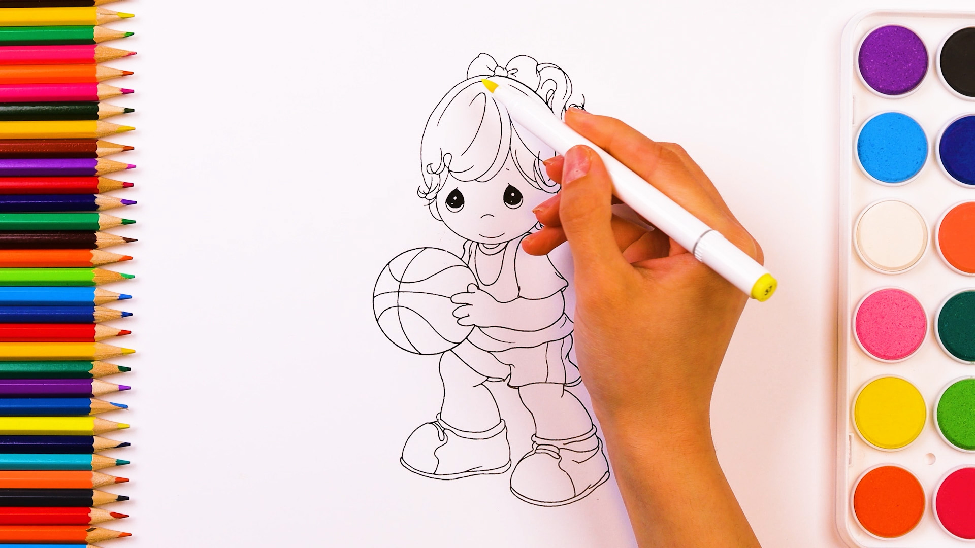 Little girl playing basketball color in drawing