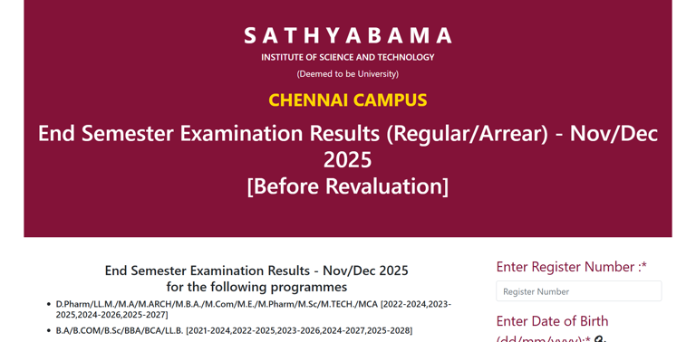 Sathyabama University result 2025 released at sist.sathyabama.ac.in ...