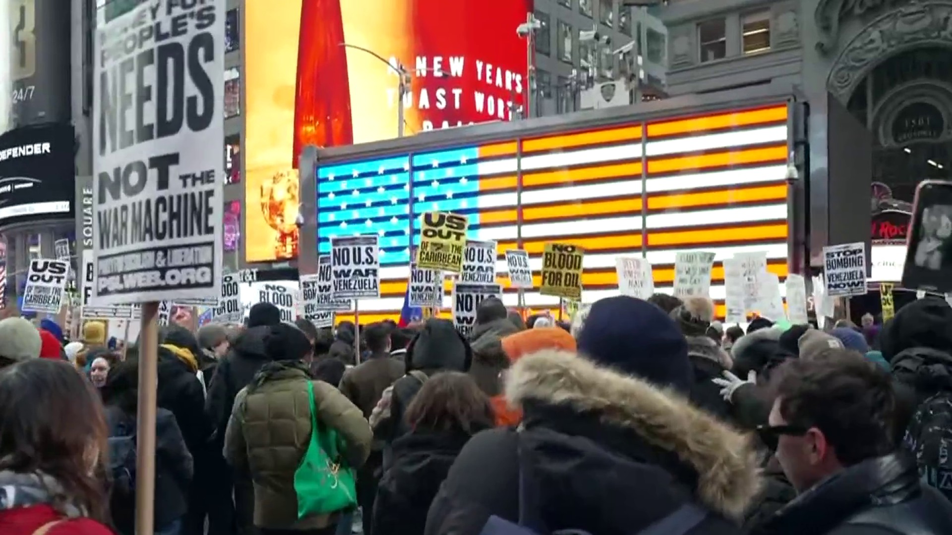 Protestors gather in Times Square after U.S. attack on Venezuela