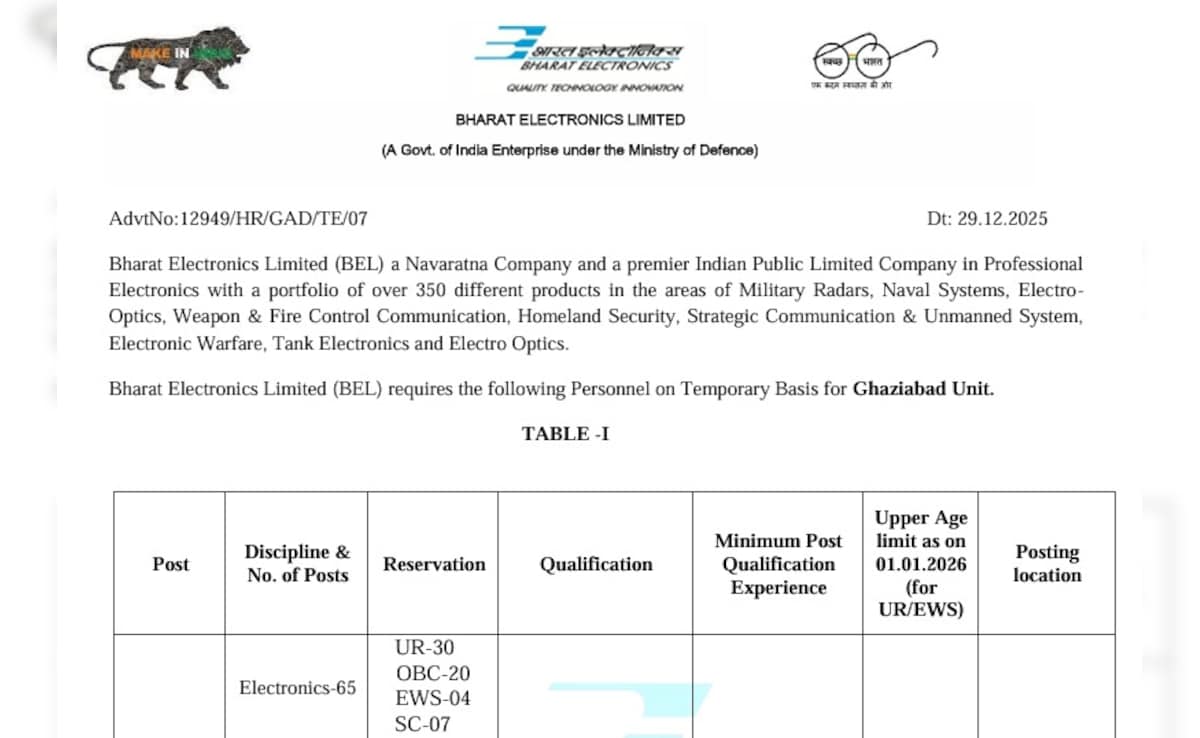 Bharat Electronics Limited begins trainee engineer recruitment for 2026