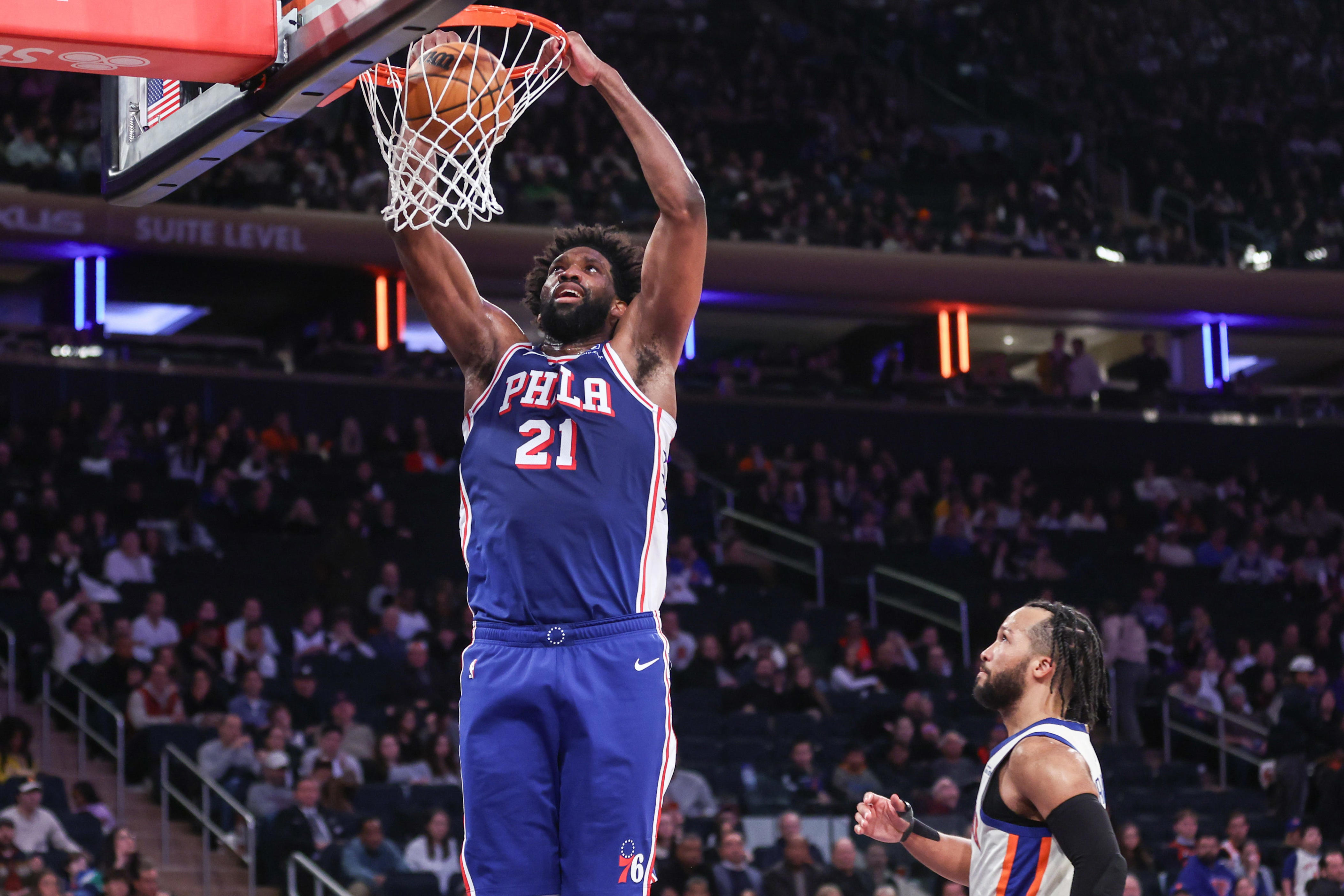 Sixers' Joel Embiid reacts to his first dunk, return to MSG in win