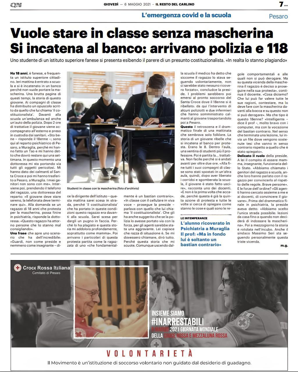 Tso all’alunno no mask: "Valutiamo risarcimento e responsabilità penali"