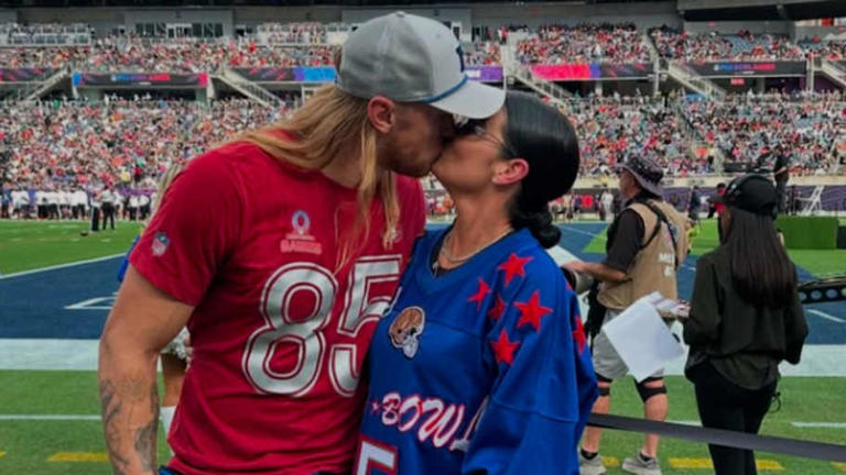 George Kittle’s wife Claire stuns in red boots matching ‘85’ fit for ...