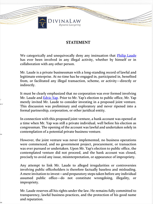 Small Laude's husband Philip denies involvement in flood control mess