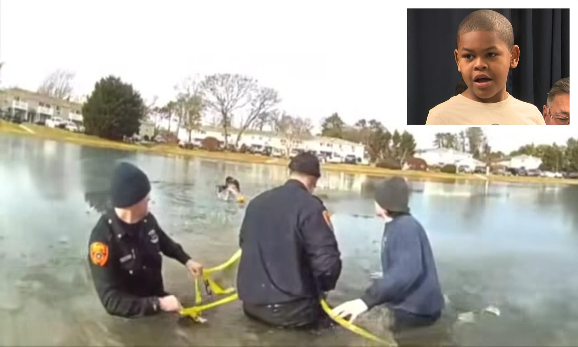Dramatic moment cops rescue eight-year-old boy who fell through the ice ...