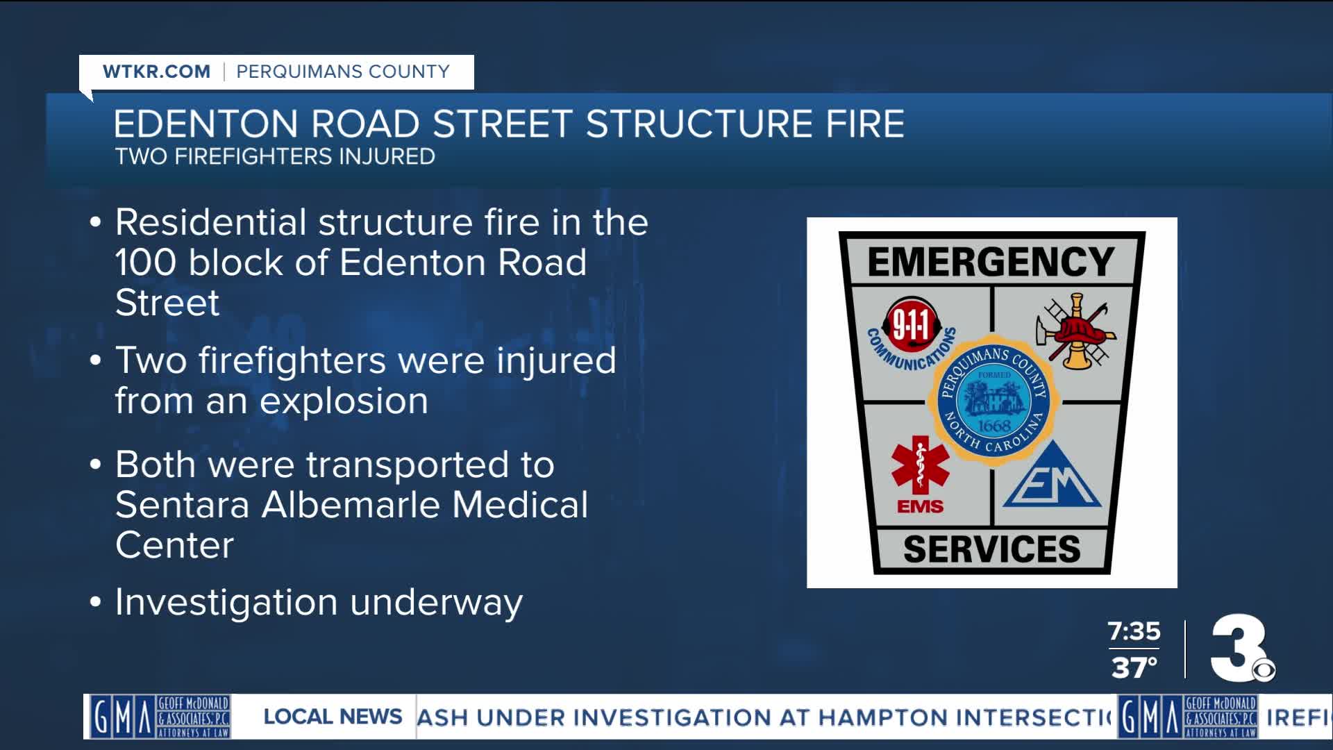 2 firefighters injured in Perquimans County house fire on Edenton Road