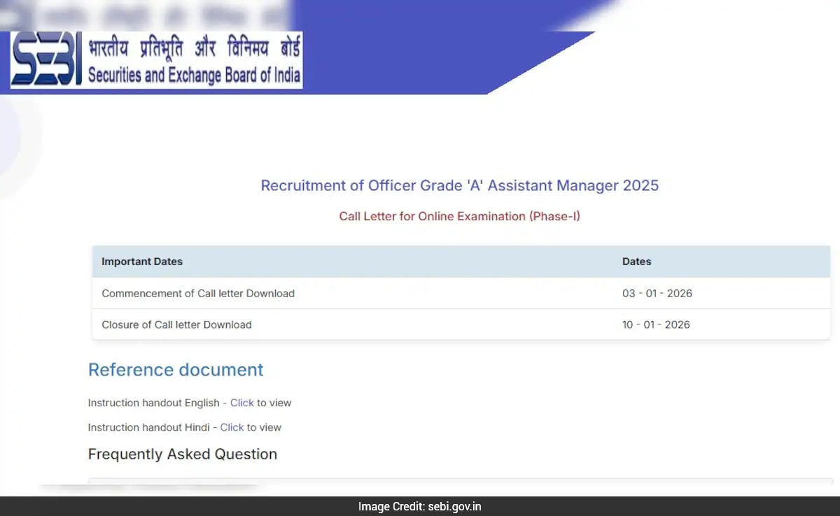 SEBI Grade A assistant manager 2025 call letter released, download ...