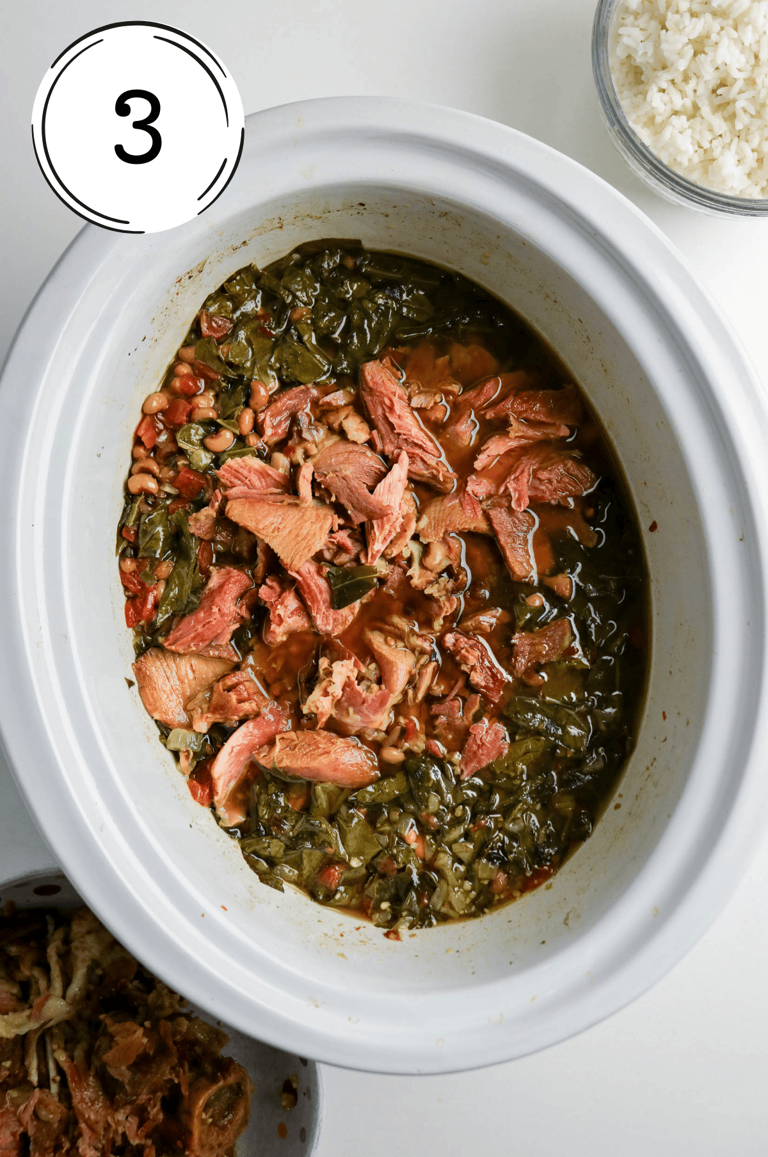 Slow cooker black-eyed peas and collard greens with rice