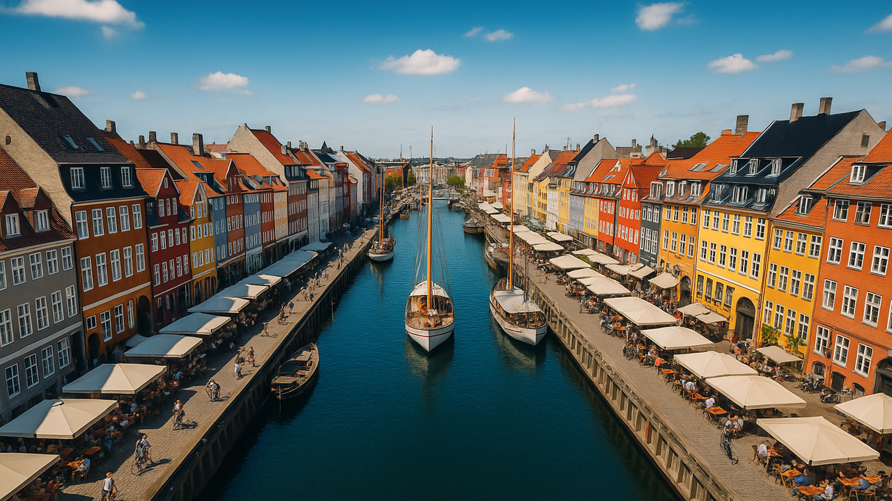 Copenhagen’s famous harbor seen from the sky
