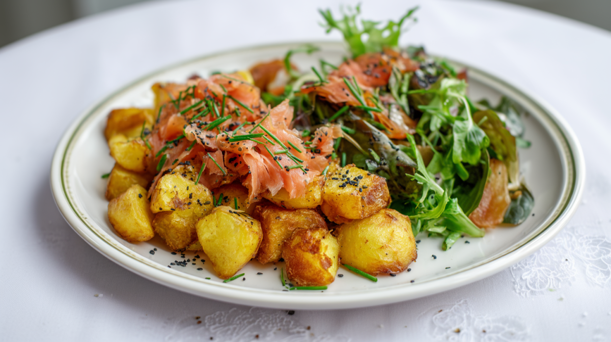 Fried potatoes, smoked fish and a fresh herb salad