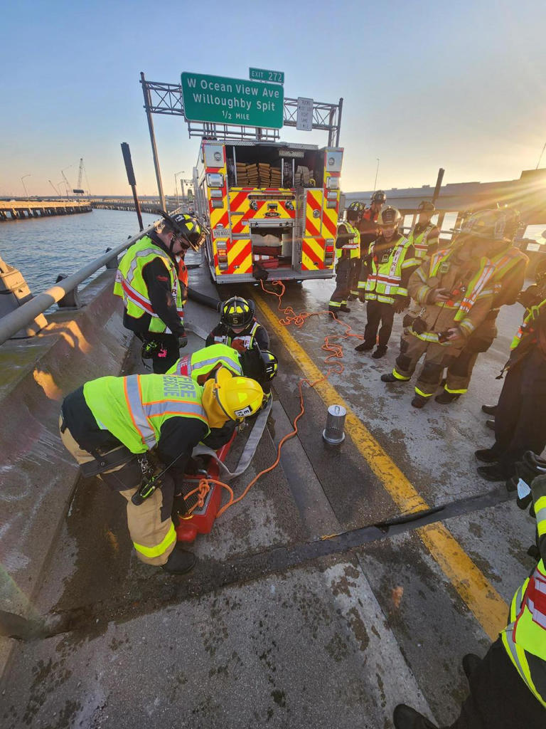 Fire-rescue teams practice drafting procedures on Hampton Roads Bridge ...