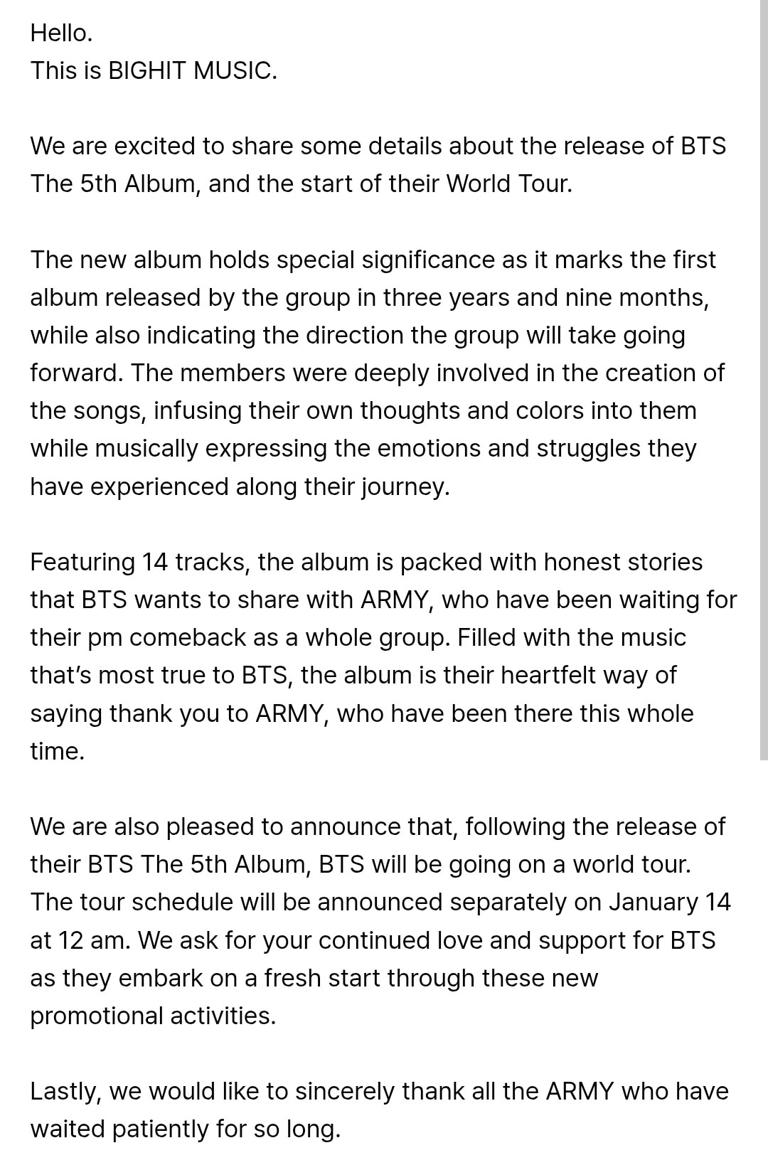 BTS announce 5th studio album and world tour details
