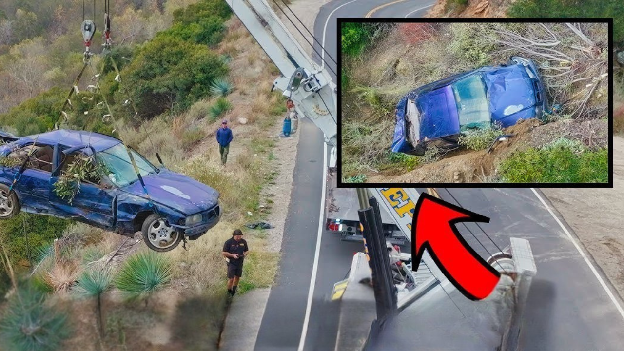 Driver in purple BMW survives crash down mountain