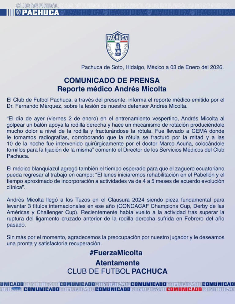 Pachuca confirma dura lesión: Andrés Micolta se pierde el Clausura 2026