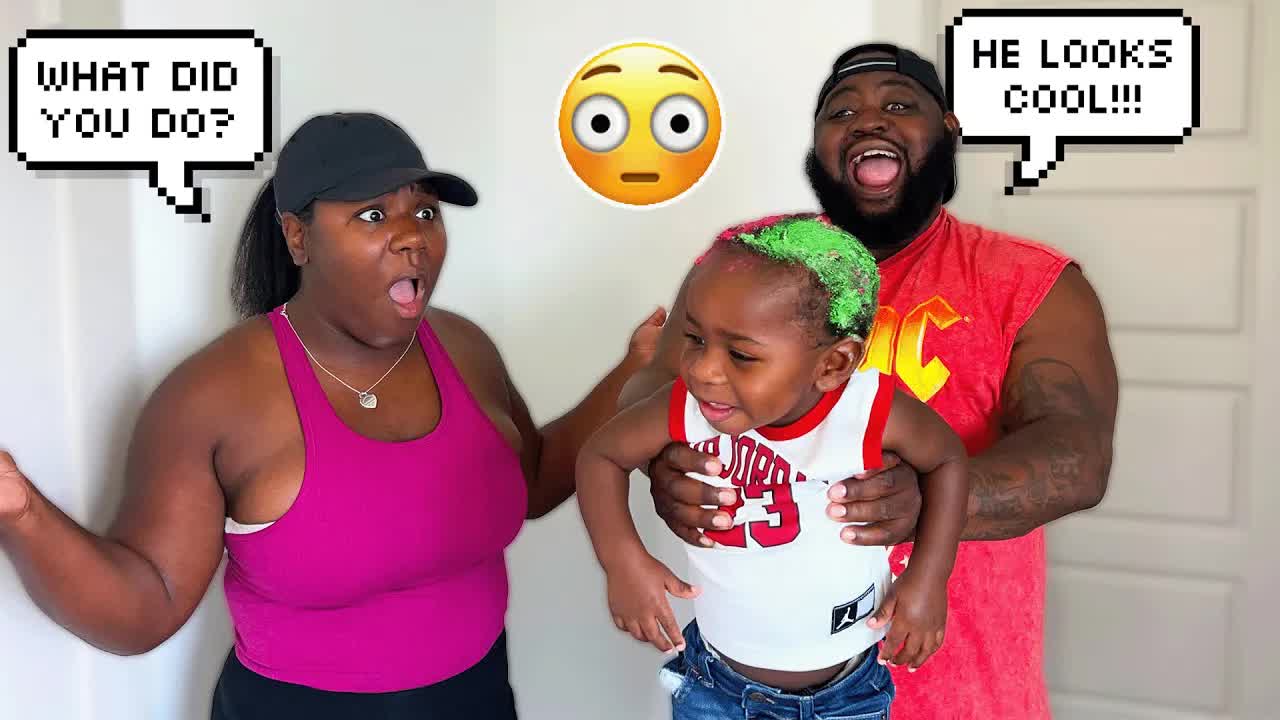 I dyed my 2-year-old son's hair pink and green prank! *Wife freaks out*