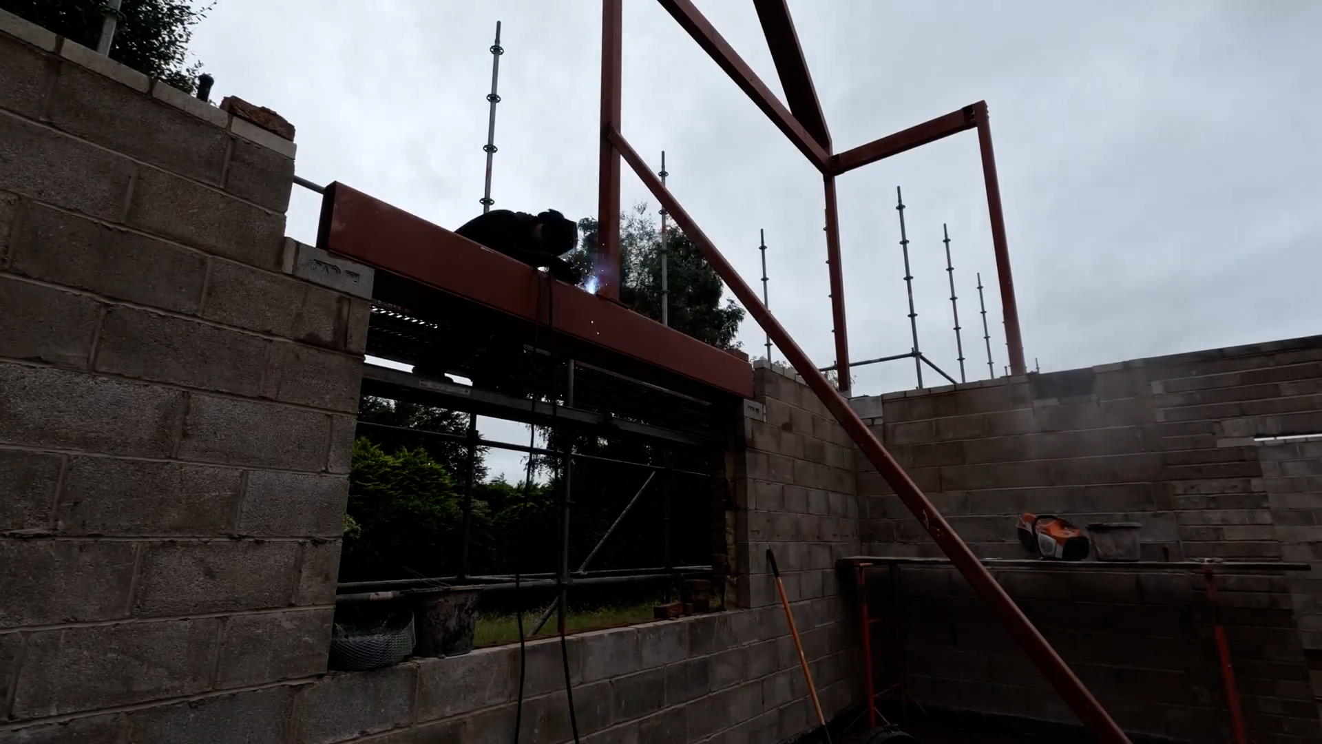 Steel frame welding at construction site