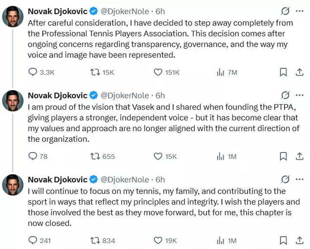 'I have decided to step away': Novak Djokovic quits players' union he ...