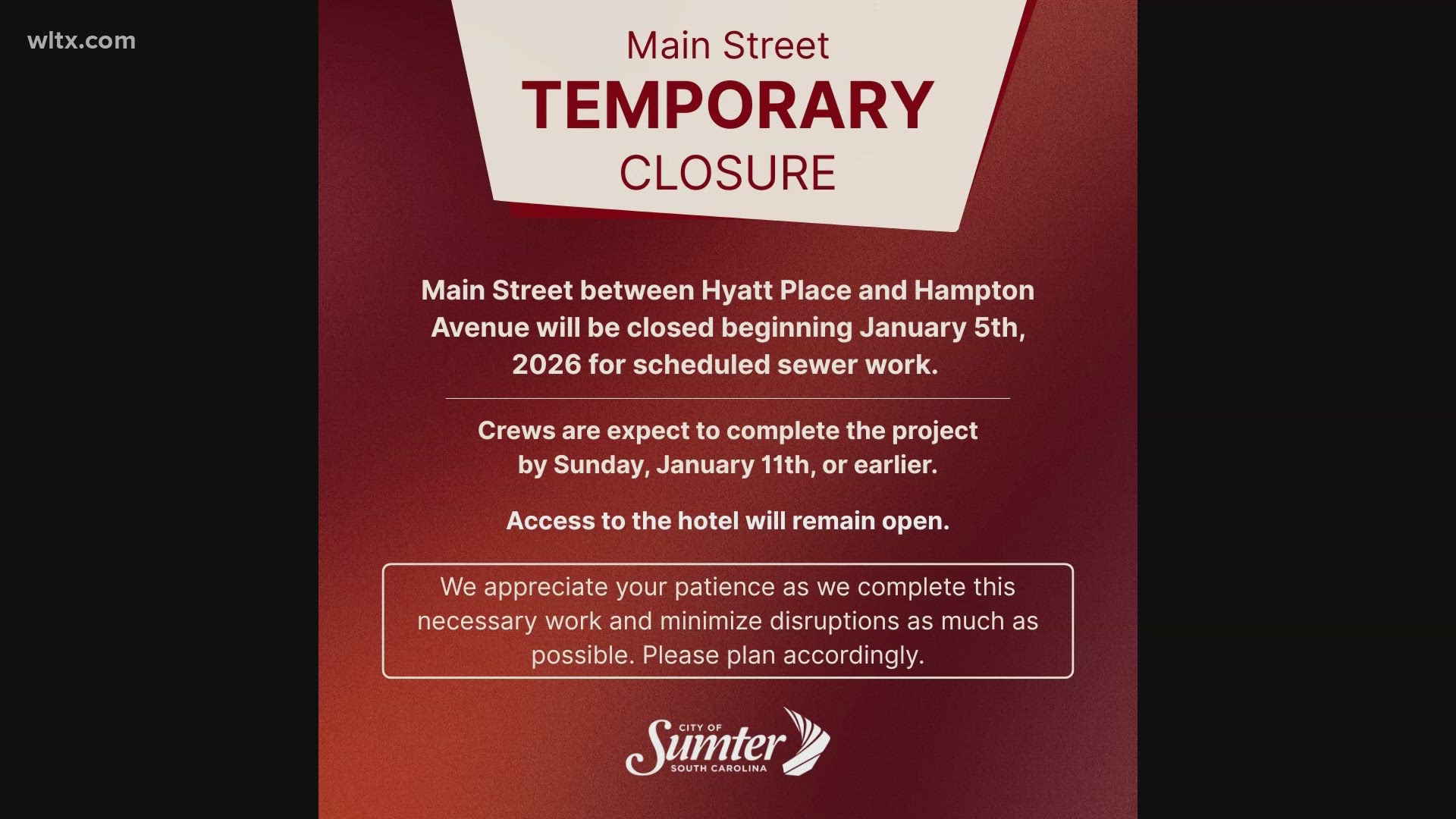 Part of Main Street in Sumter closing for sewer work
