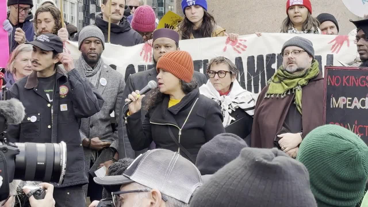 New York City Council member addresses rally against US attack in Venezuela