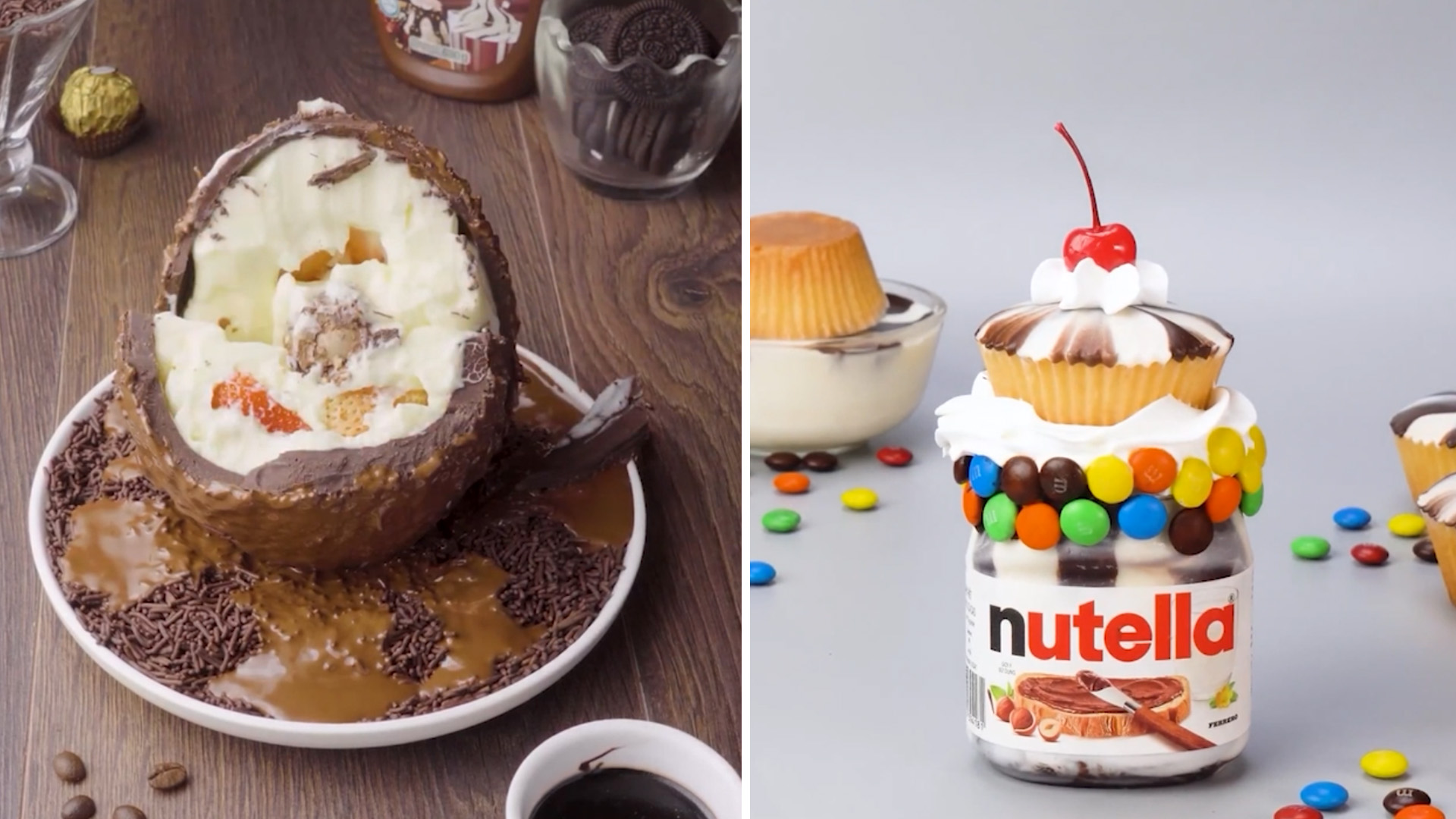 Chocolate shell dessert and a Nutella cupcake stack