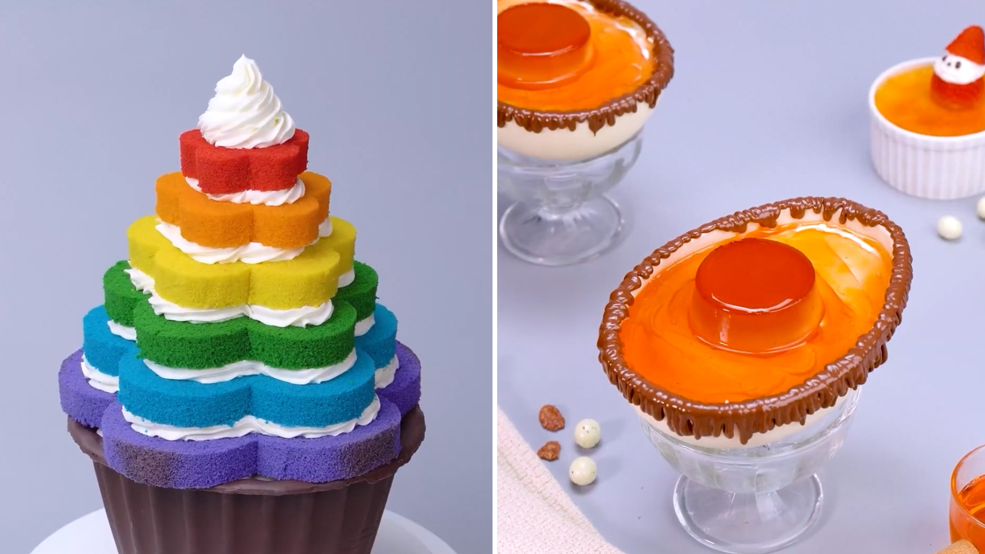 Rainbow layer cake and caramel dessert cups