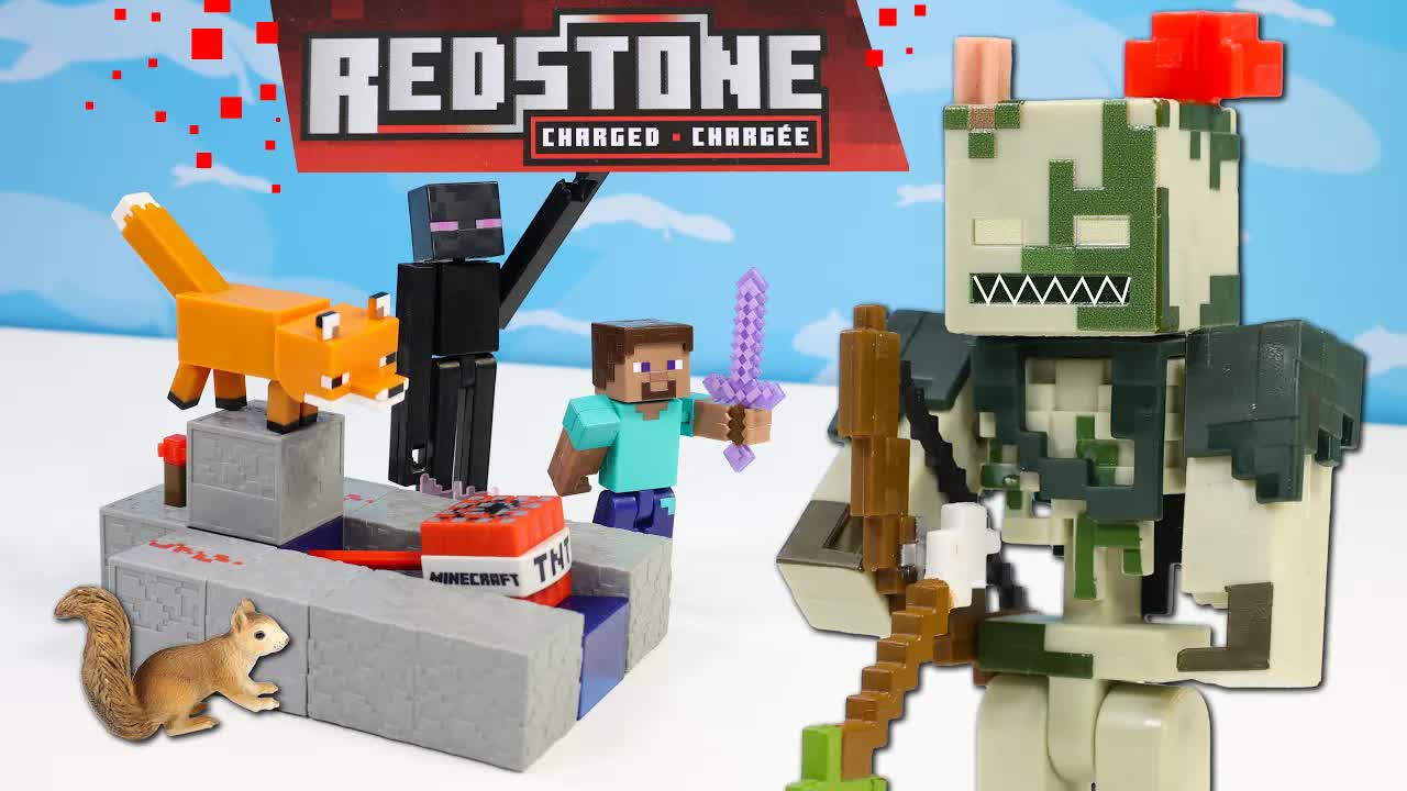Minecraft redstone charged Mattel action figures build a TNT cannon!