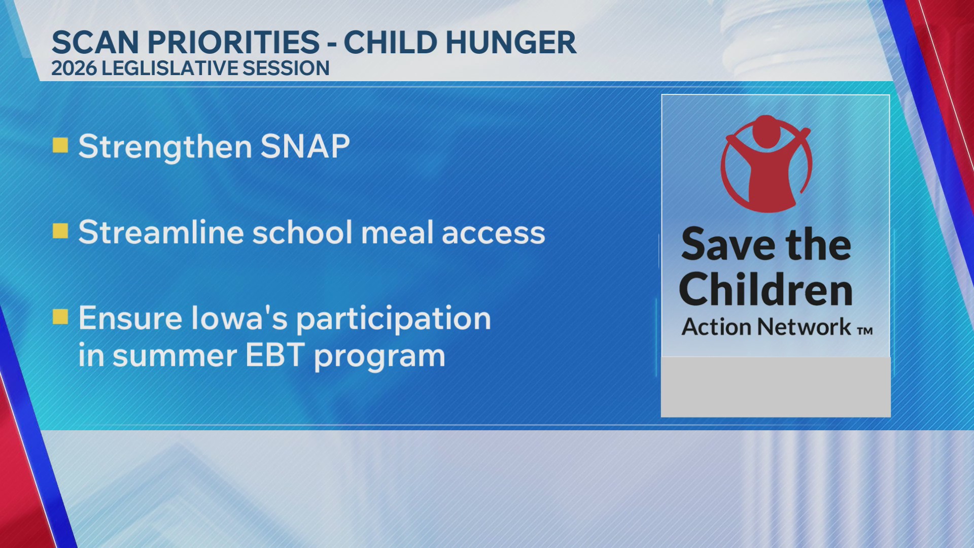 SCAN Iowa announces legislative priorities for 2026 session: Child Hunger