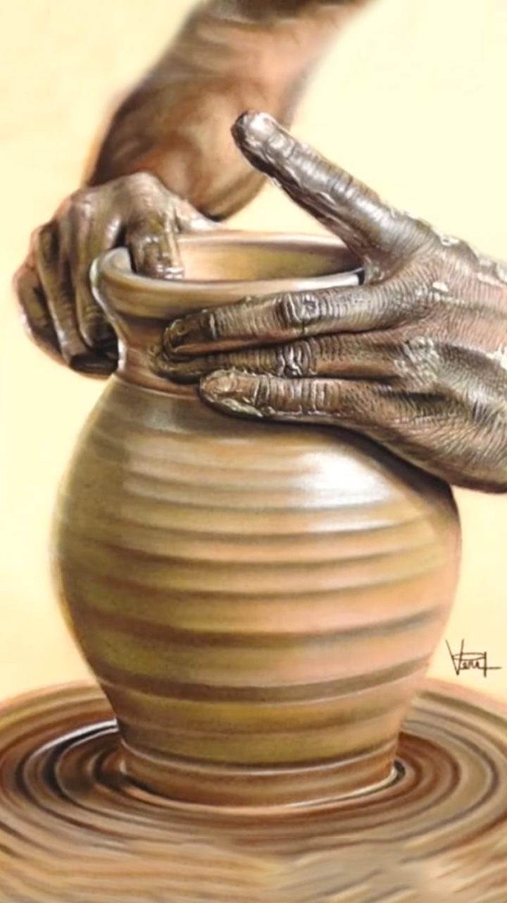 Turning pottery soft pastel artwork with smooth blending